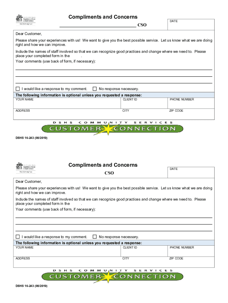 Fillable Online 16-243 Compliments and Concerns. Compliments and ...
