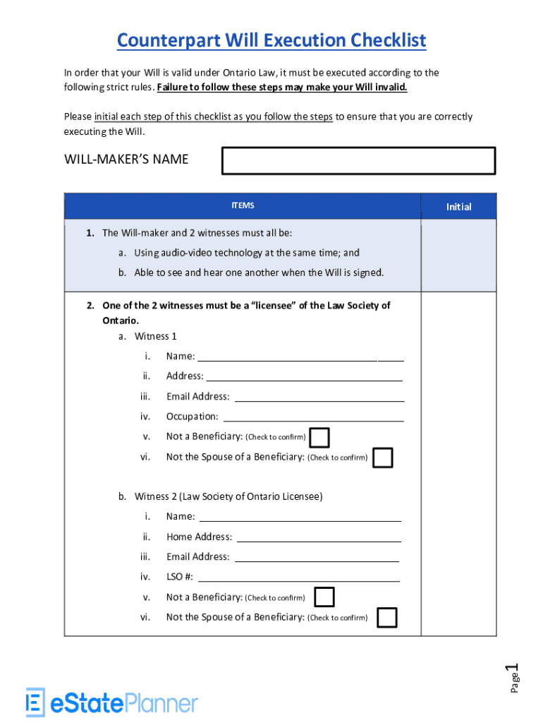 Fillable Online Counterpart Will Execution Checklist - Hull e-State ...