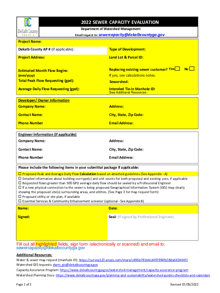 Fillable Online www.dekalbcountyga.govsitesdefault2022 SEWER CAPACITY ...