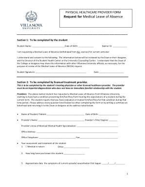 Fillable Online www1 villanova PHYSICAL HEALTHCARE PROVIDER FORM ...