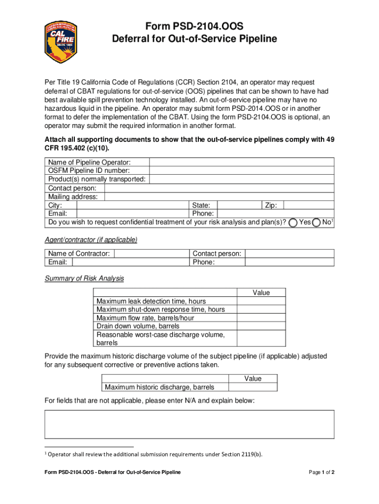 Fillable Online osfm fire ca Form PSD-2104.OOS - Deferral for Out-of ...