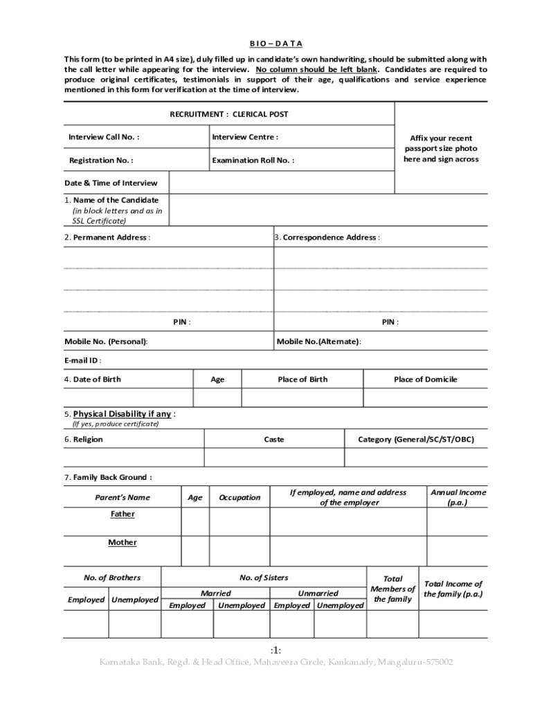 Fillable Online 10+ Biodata Format for Job PDF & Word Free ...