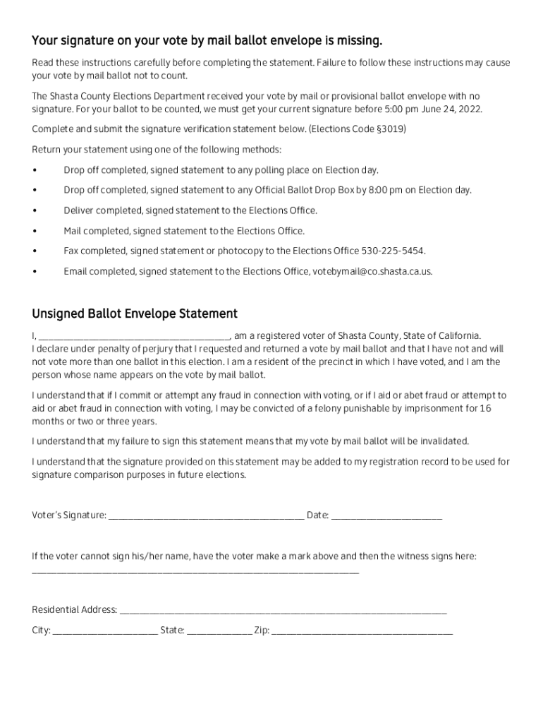 Fillable Online UNSIGNED BALLOT ENVELOPE STATEMENT & INSTRUCTIONS Fax Email Print - pdfFiller