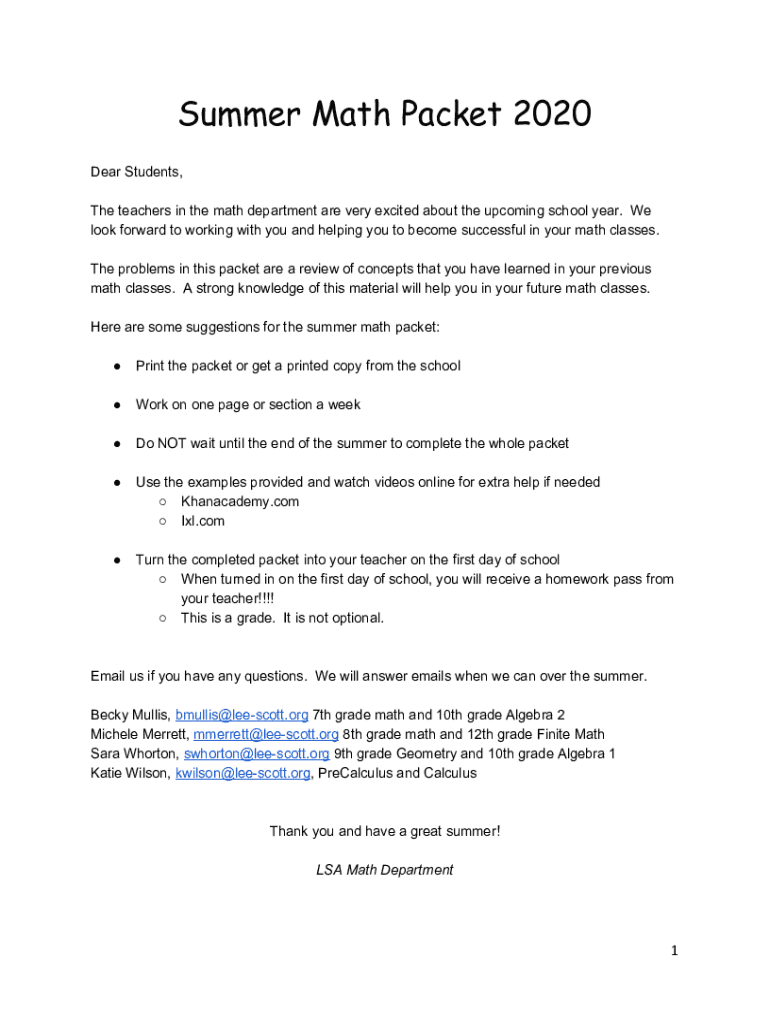 Fillable Online Entering 7th grade summer math packet with answers Fax ...