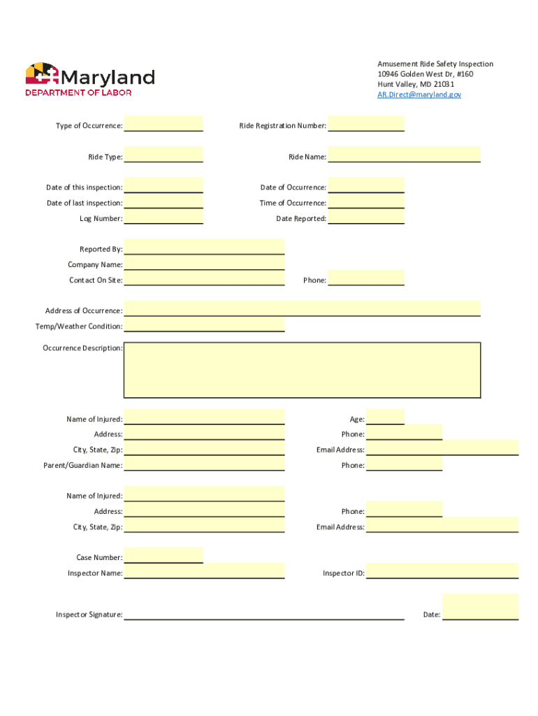 Fillable Online www.dllr.maryland.govformsarinvestigationAmusement Ride ...
