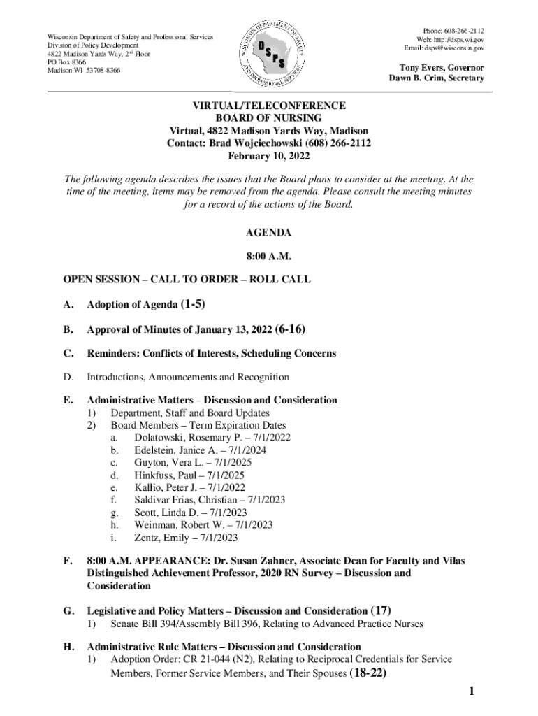 Fillable Online dsps wi VIRTUAL/TELECONFERENCE BOARD OF NURSING Virtual ...