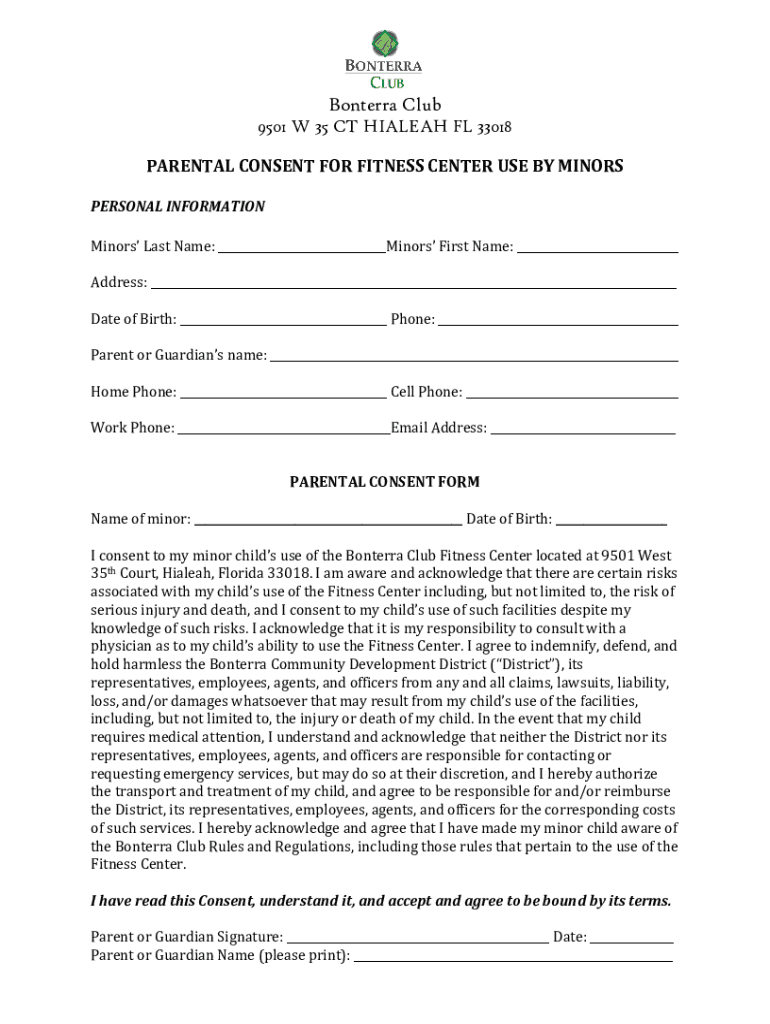 Fillable Online Parental Consent For Fitness Center Use by Minors Fax ...