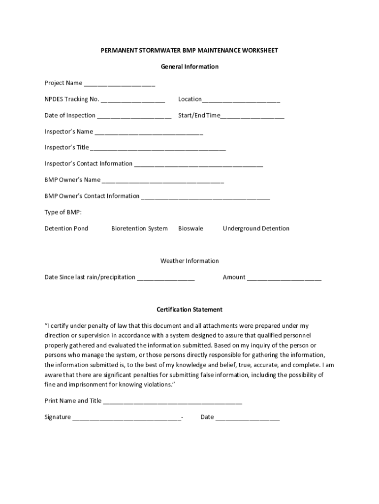 Fillable Online PERMANENT STORMWATER BMP MAINTENANCE WORKSHEET ... Fax ...