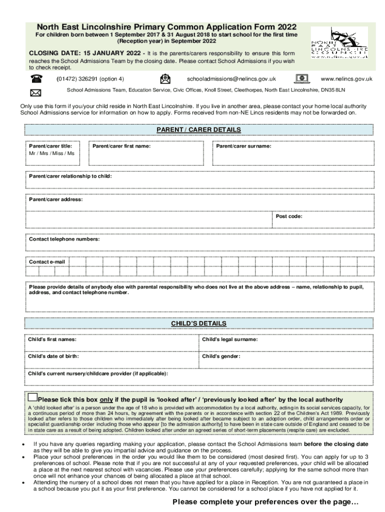 Fillable Online North East Lincolnshire Primary Common Application Form ...