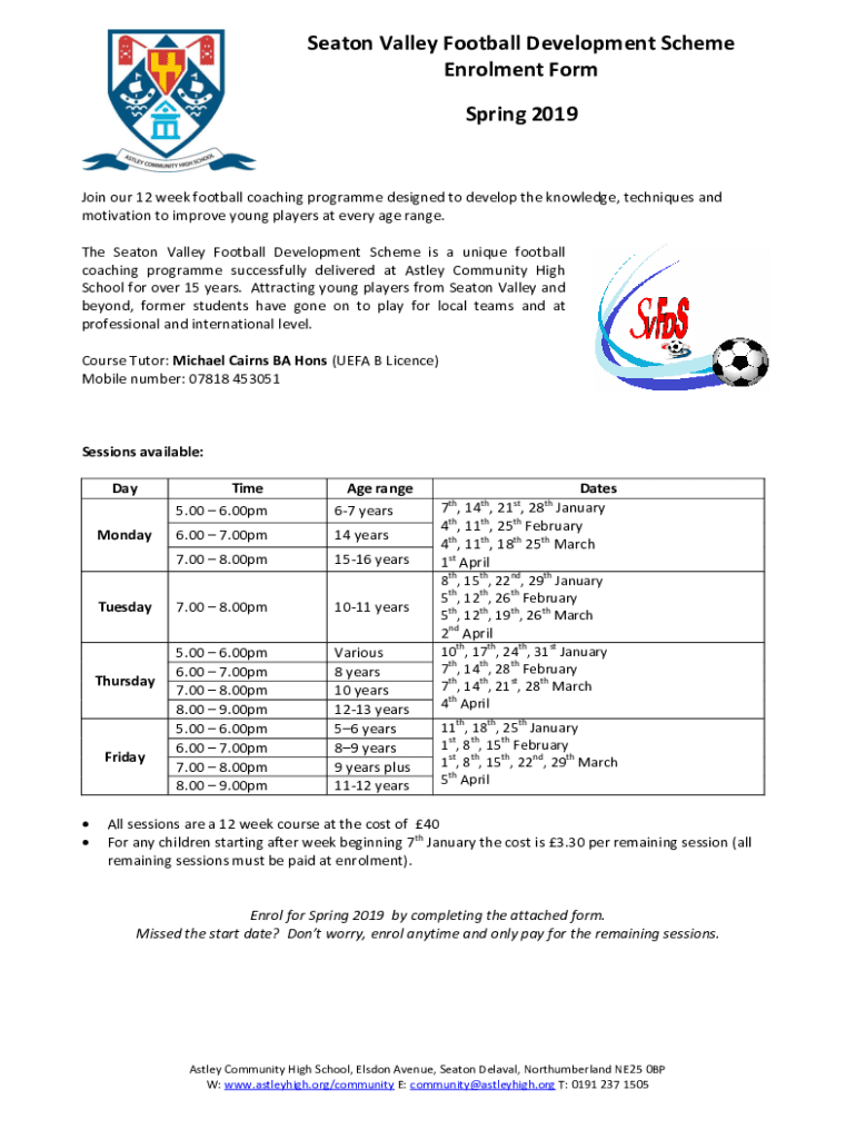 Fillable Online Seaton Valley Football Development Scheme Enrolment ...