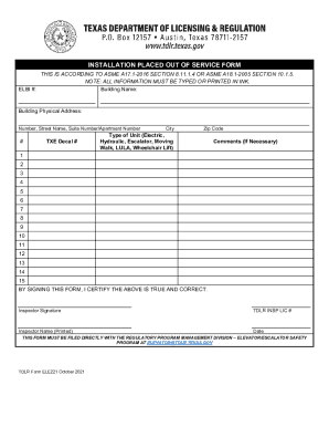 Fillable Online ELE221 - Installation Placed Out of Service Form Fax ...