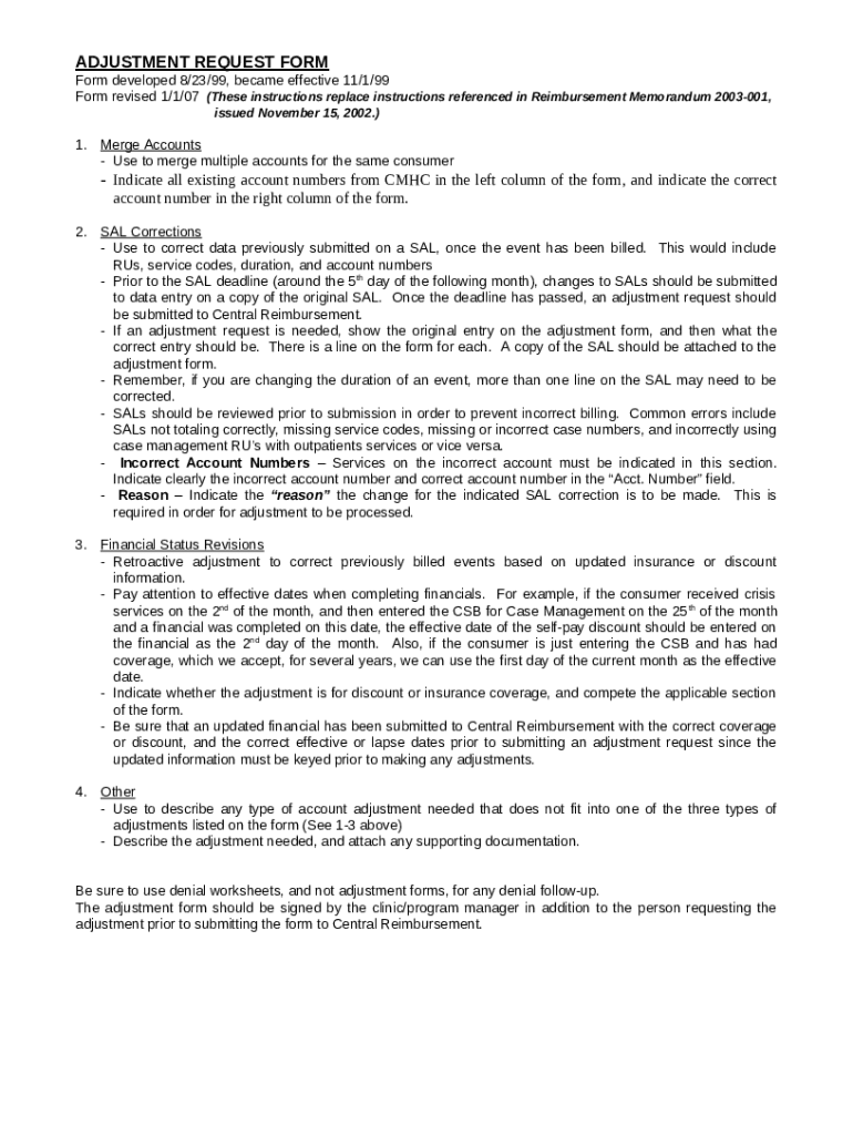 ADJUSTMENT REQUEST - d19csb.com Doc Template | pdfFiller