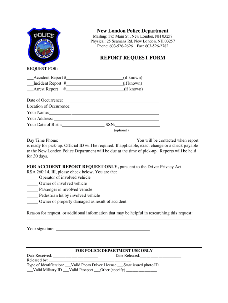 Fillable Online New London Police Department REPORT REQUEST FORM Fax ...