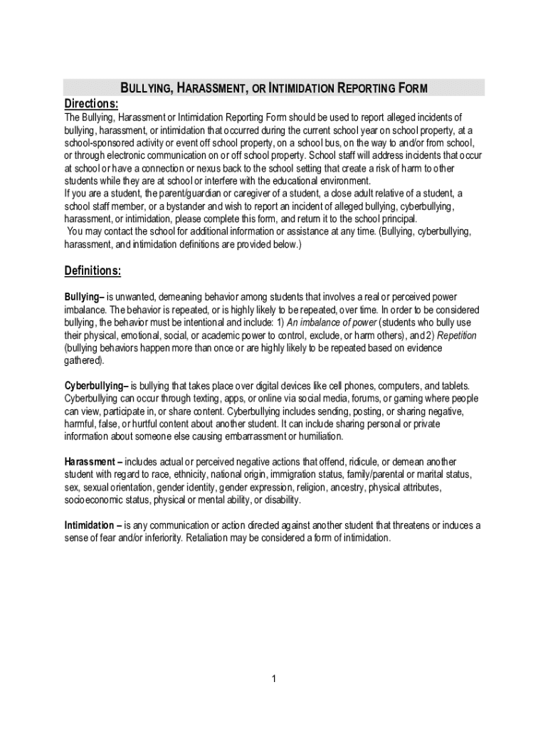 Fillable Online BULLYING, HARASSMENT, OR INTIMIDATION REPORTING FORM ...