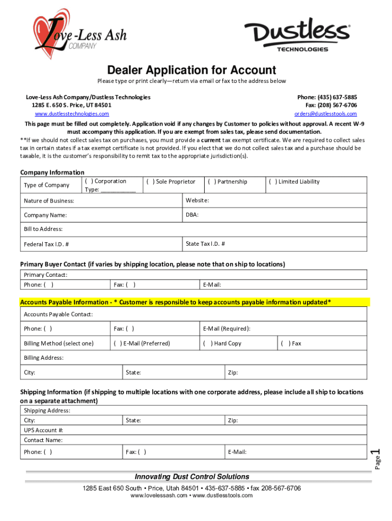 Fillable Online www.dustlesstools.com files Dealer-ApplicationDealer Application for Account ...