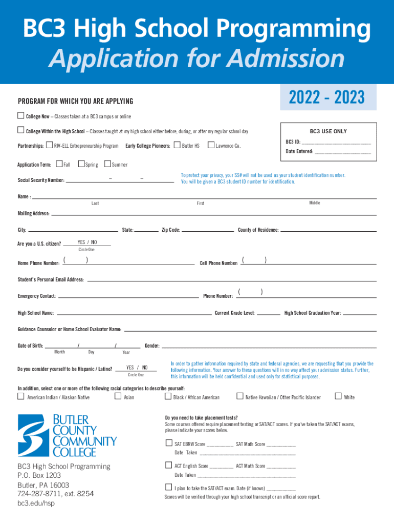 Fillable Online BC3 High School Programming - Application for Admission Fax Email Print - pdfFiller