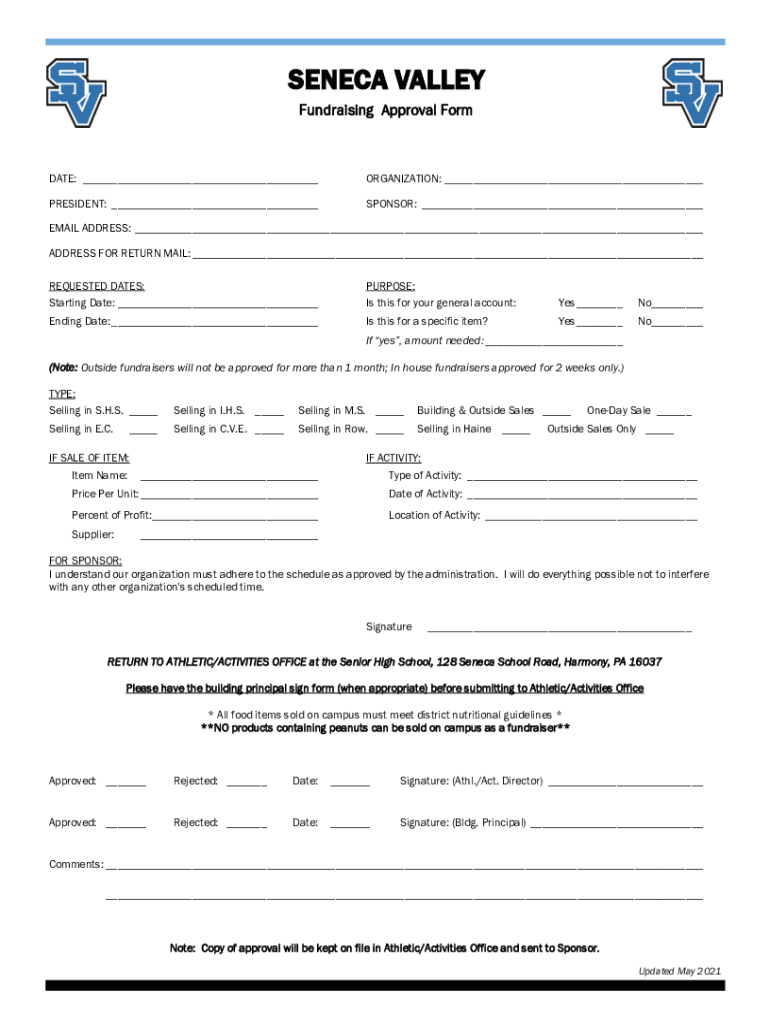 Fillable Online Fundraising Approval Form - Seneca Valley School ...