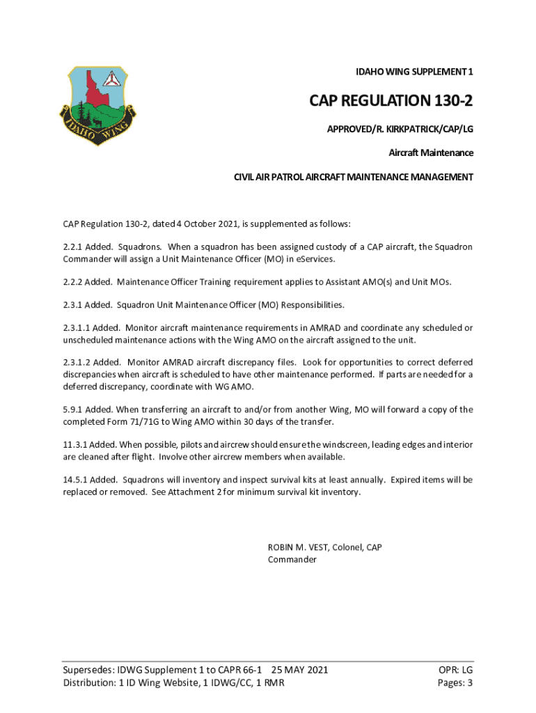 Fillable Online NH WING SUPPLEMENT 1 CAP REGULATION 130-2 - Civil Air ...