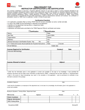 Fillable Online TEMA REQUEST FOR RESET INSTRUCTOR CERTIFICATION or RE ...