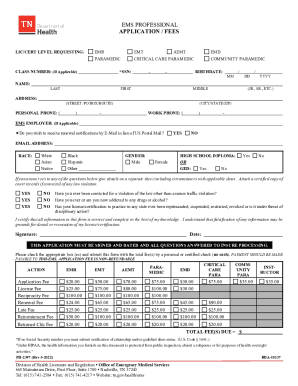 Fillable Online EMS PROFESSIONAL APPLICATION / FEES TN.gov Fax Email Print - pdfFiller