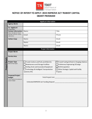 Fillable Online NOTICE OF INTENT TO APPLY: 2023 IMPROVE ACT TRANSIT CAPITAL GRANT PROGRAM Fax ...