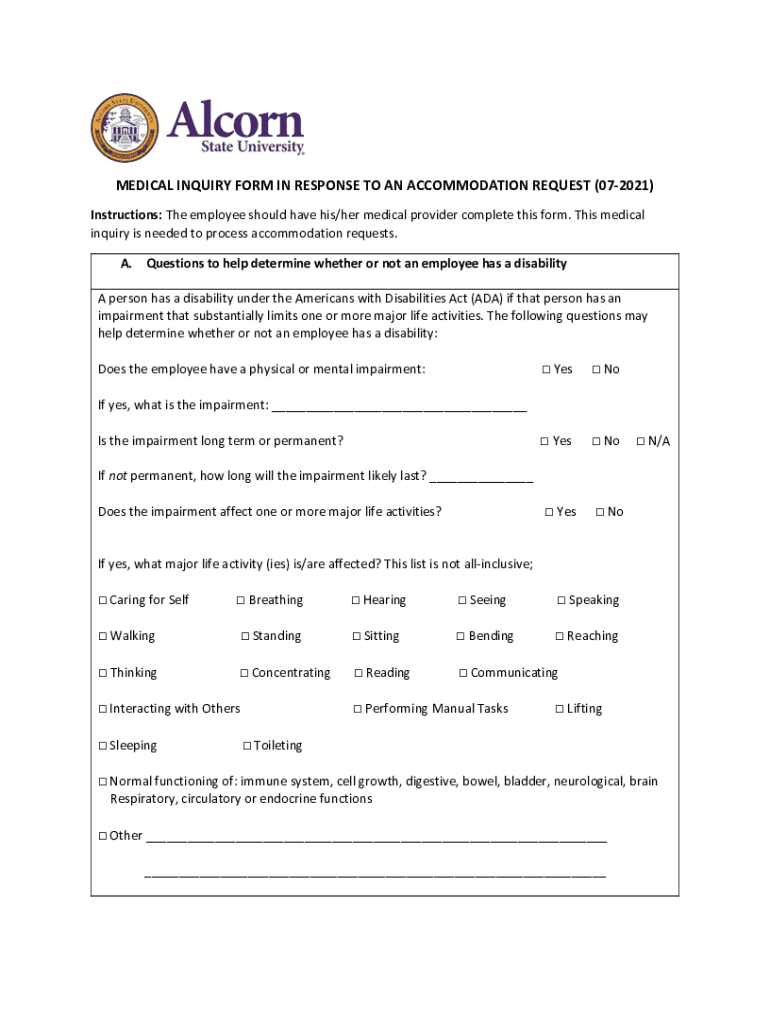 Fillable Online www.alcorn.eduuploadedfilesMEDICAL INQUIRY FORM IN ...