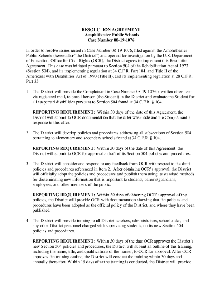 Fillable Online www2 ed Amphitheater Public Schools (PDF). RESOLUTION AGREEMENT Fax Email Print ...