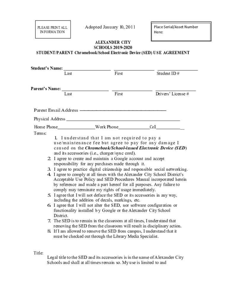 Fillable Online Chromebook Elementary SED Agreement Form Update.docx ...