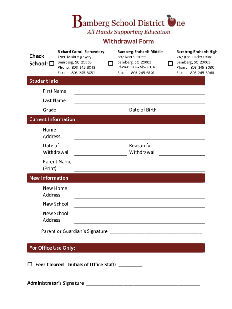 Fillable Online Withdrawal Form - SCHOOLinSITES Fax Email Print - pdfFiller