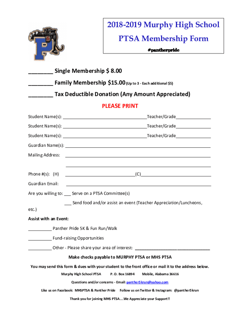Fillable Online 2018-2019 Murphy High School PTSA Membership Form Fax ...