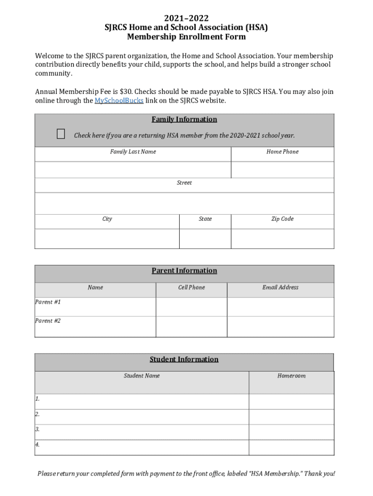 Fillable Online www.swwfs.orghsaHome School Association (HSA) - School ...