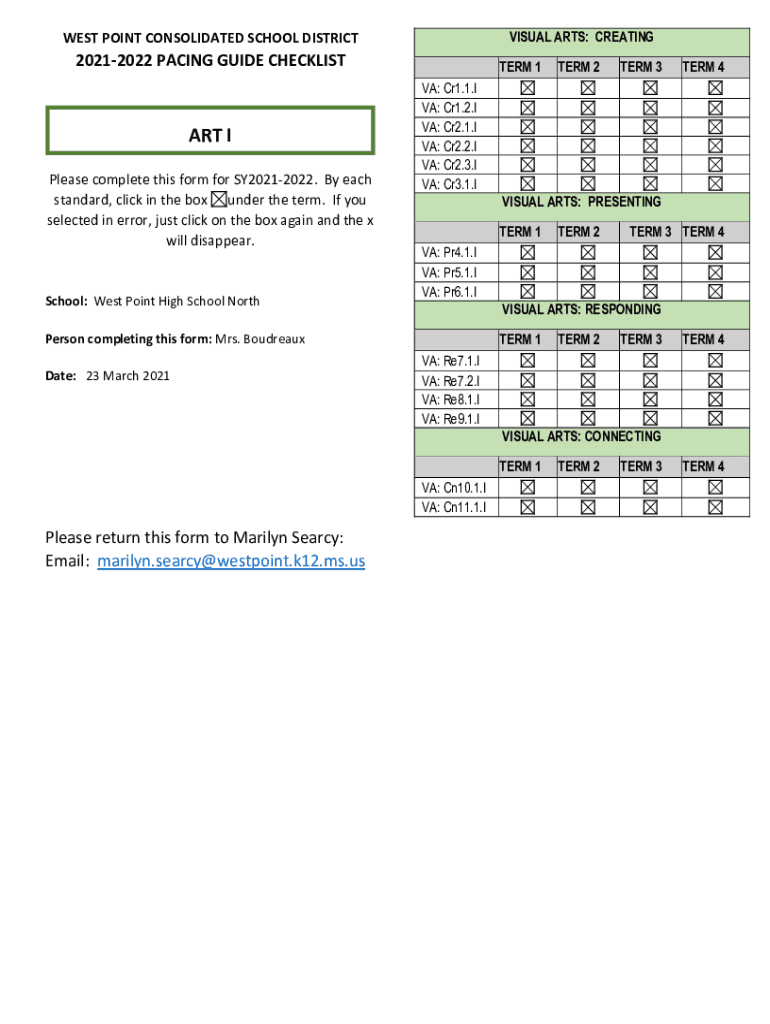 Fillable Online 2021-2022 PACING GUIDE CHECKLIST Please return this ...
