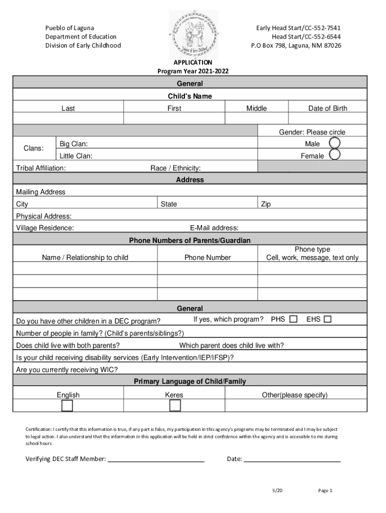 Fillable Online Pueblo of Laguna Early Head Start/CC-552-7541 ...