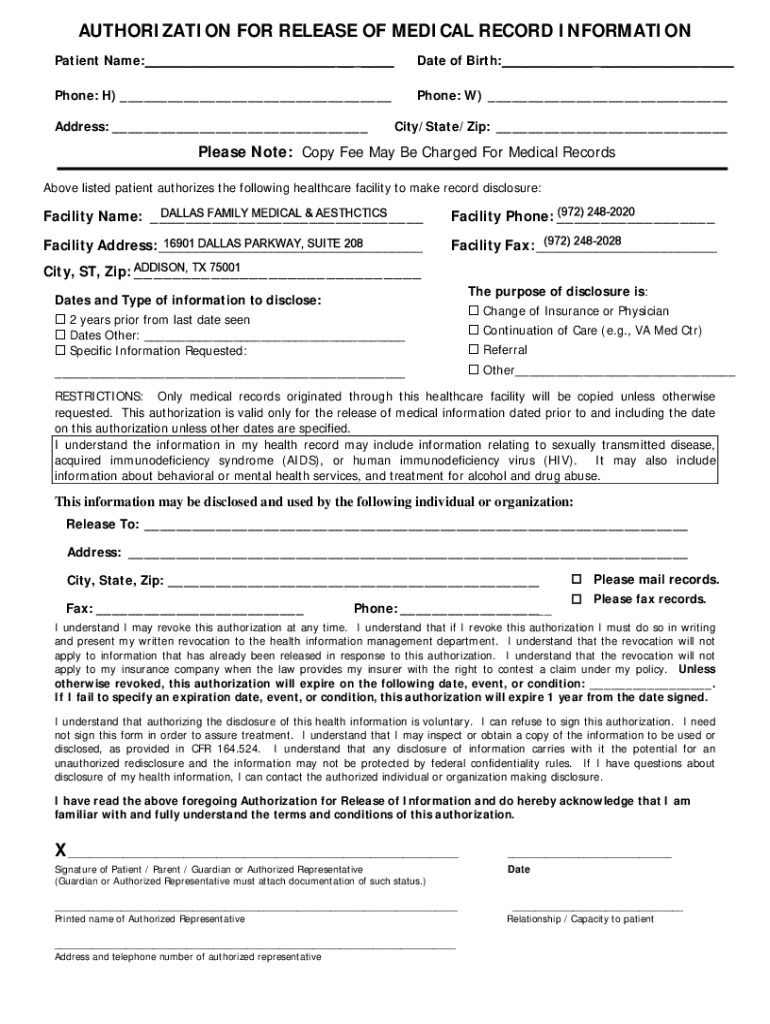 Fillable Online AUTHORIZATION FOR RELEASE OF ... - PatientPop.com Fax Email Print - pdfFiller