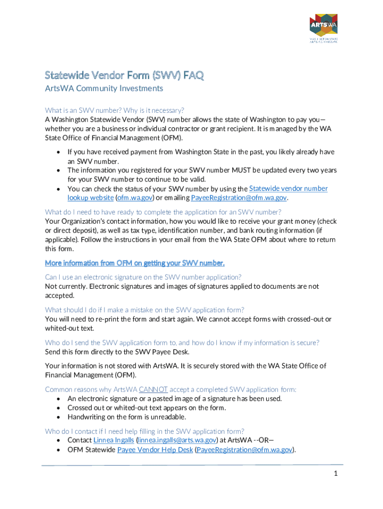 Fillable Online Statewide Vendor Form (SWV) FAQ ArtsWA Fax Email Print - pdfFiller