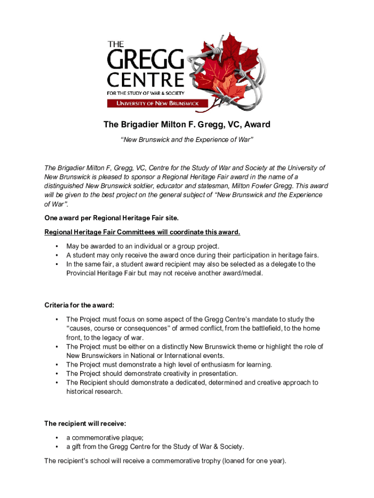 Fillable Online The Brigadier Milton F. Gregg, VC, Award Fax Email ...