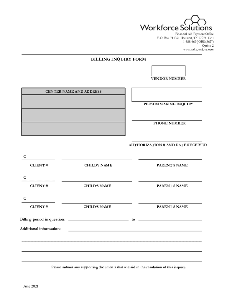 Fillable Online Billing Inquiry Form. Billing Inquiry Form Fax Email Print - pdfFiller