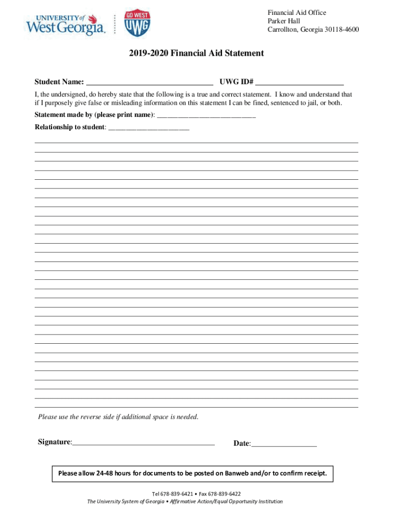 Fillable Online 2019-2020 Financial Aid Statement - University of West ...