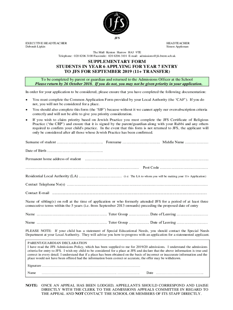 Fillable Online jfs brent sch SUPPLEMENTARY FORM STUDENTS IN YEAR 6 ...