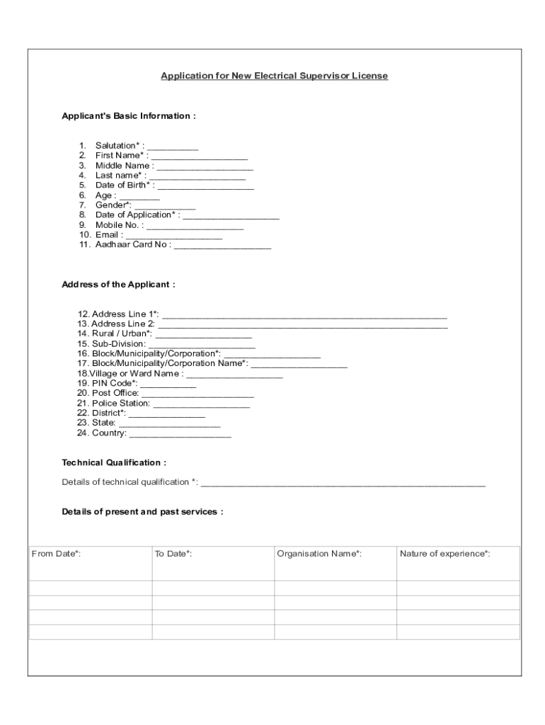 Fillable Online Application for New Electrical Supervisor License ...