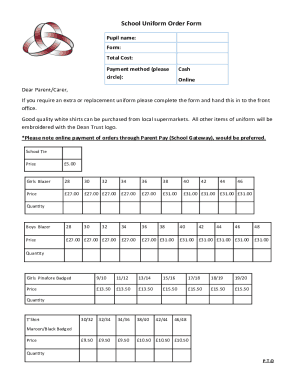 Fillable Online School Uniform Order Form - Dean Trust Rose Bridge Fax ...