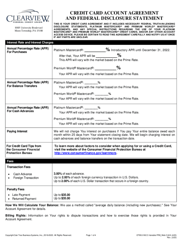 Fillable Online CREDIT CARD ACCOUNT AGREEMENT. CREDIT CARD ACCOUNT ...