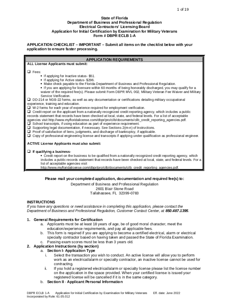 DBPR ECLB 1A - Certification by Exam for Military Veterans Doc Template ...