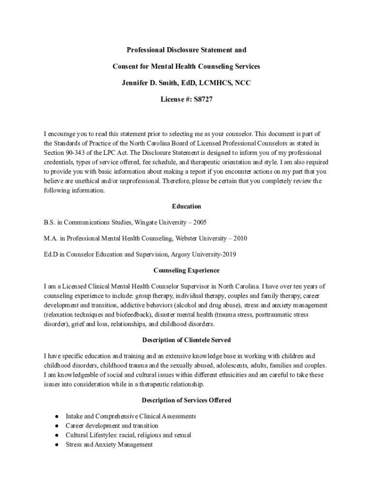 Fillable Online Informed Consent/Disclosure Statement - Counseling and ...