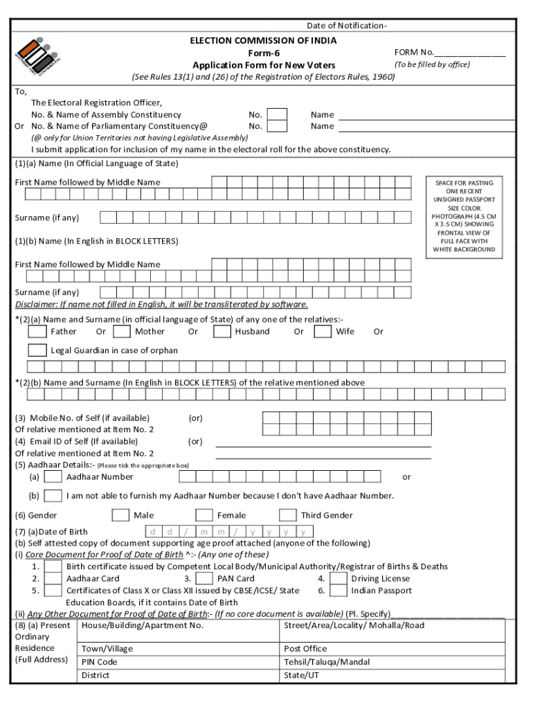 Fillable Online ELECTION COMMISSION OF INDIA Application Form for New ...