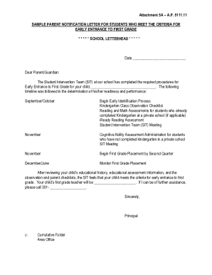 Fillable Online Attachment 5AA.P. 5111.11 SAMPLE PARENT NOTIFICATION ...