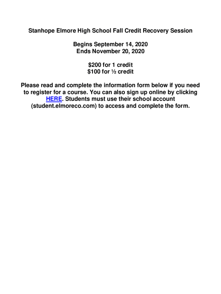 Fillable Online Stanhope Elmore High School Fall Credit Recovery ...