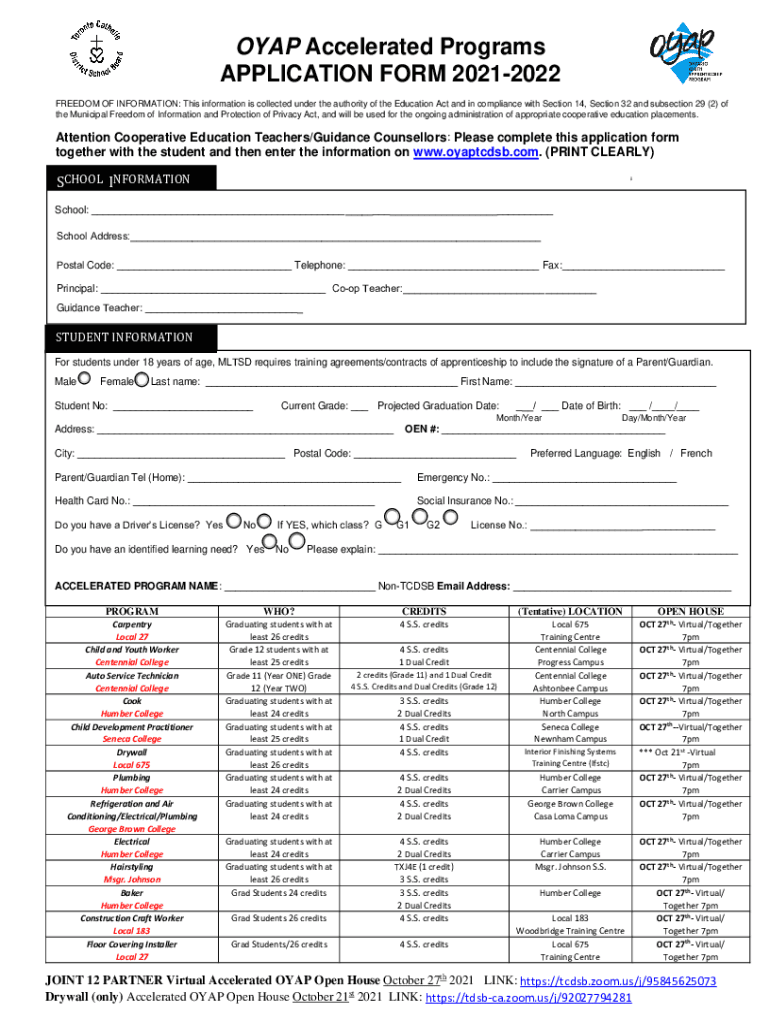 Fillable Online OYAP Accelerated Programs APPLICATION FORM 2021-2022 ...