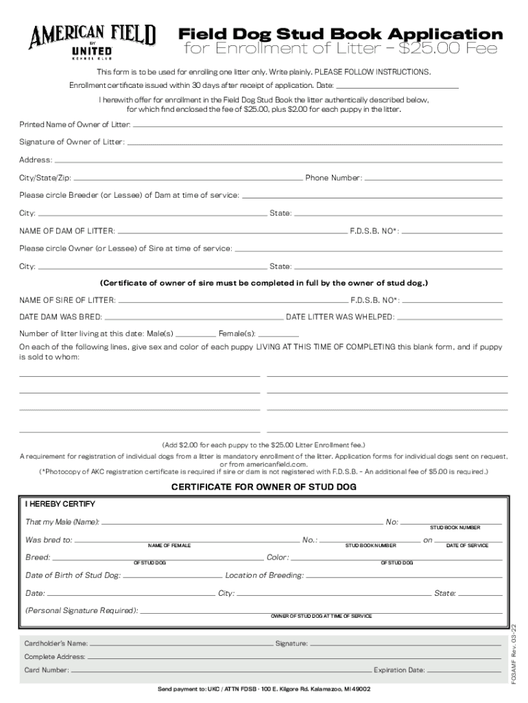 Fillable Online Field Dog Stud Book Application for Enrollment of ...