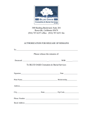 Fillable Online Release of Remains. Authorization for release of ...